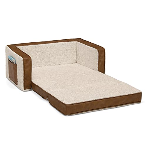 Delta Children Cozee Flip-Out Sherpa 2-in-1 Convertible Sofa to Lounger for Kids, Cream Sherpa/Faux Leather