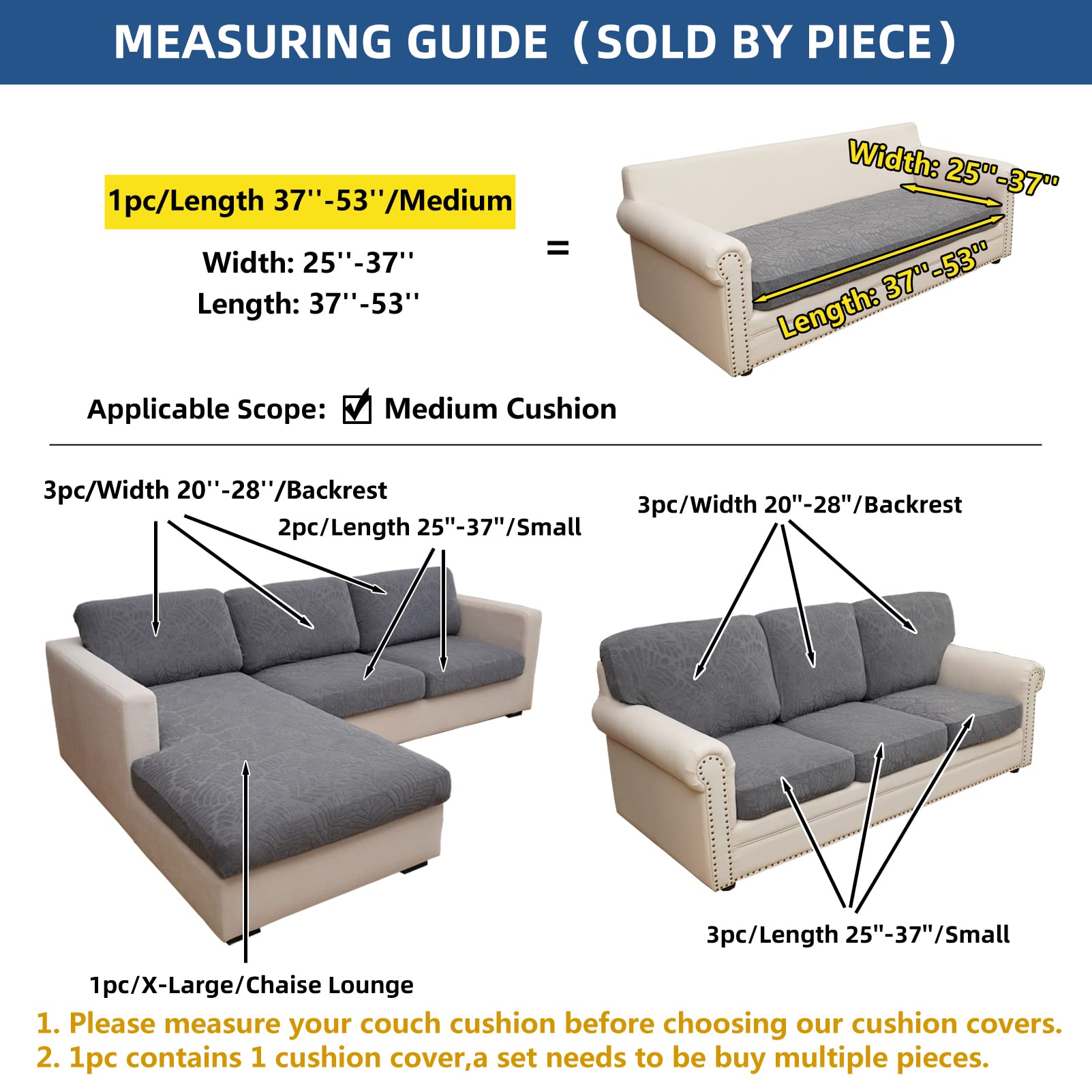 Eismodra Couch Covers for 2 Cushion Couch Sofa Stretch Sectional Couch Cover for Dogs Pet L Shaped Sofa Slipcovers 3 Cushion Seat Leather Furniture Protector,Gray Length 37-53 inches (Only 1 Piece)