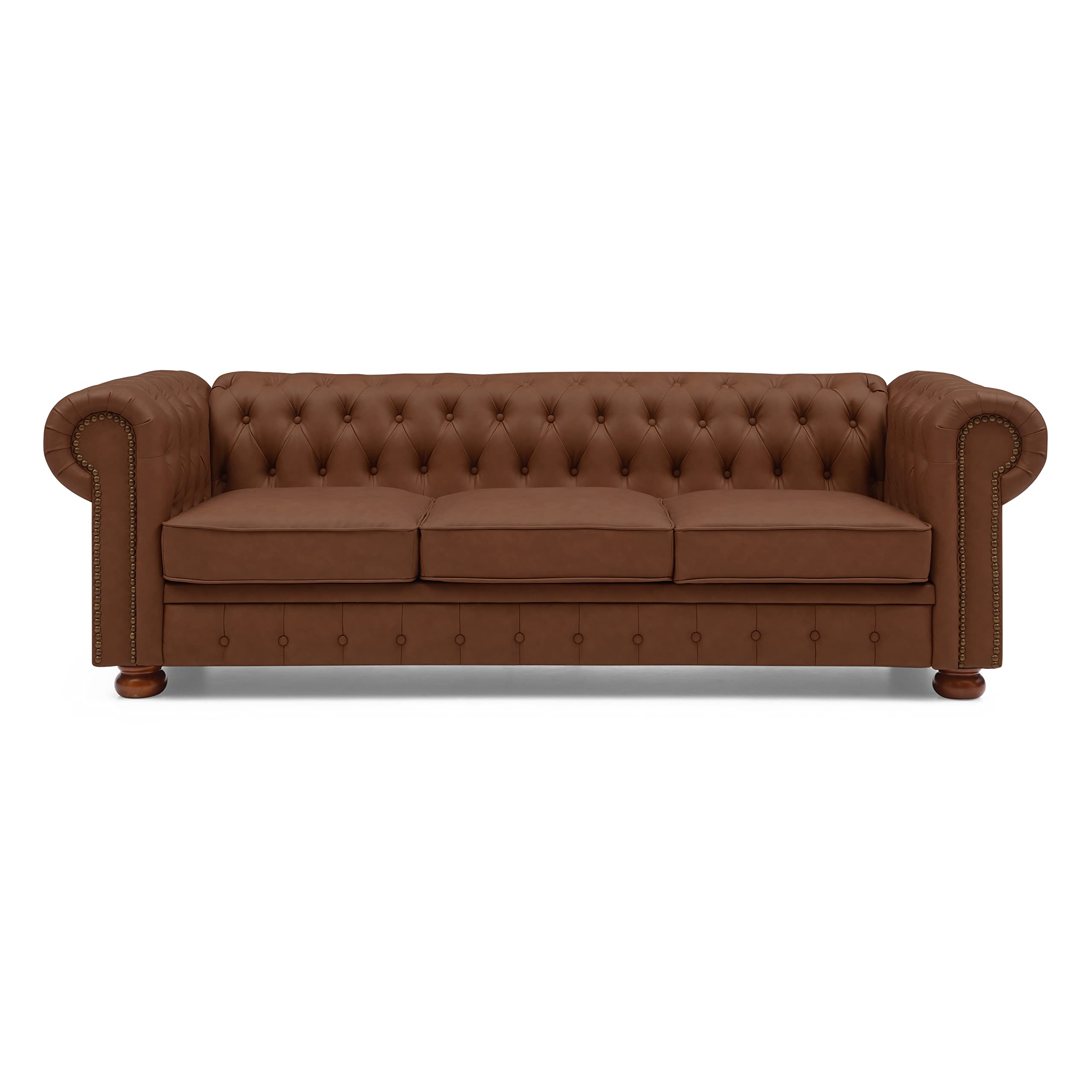YuiHome Classic Chesterfield Sofa Leather, Modern PU Tufted Couch 3 Seater with Rolled Arms and Nailhead for Living Room, Bedroom, Office, Apartment,Brown