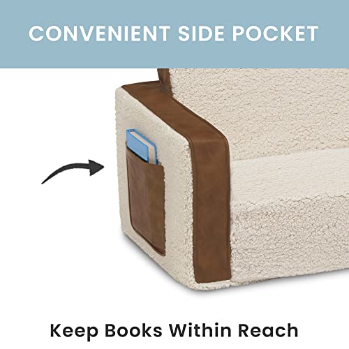 Delta Children Cozee Flip-Out Sherpa 2-in-1 Convertible Sofa to Lounger for Kids, Cream Sherpa/Faux Leather