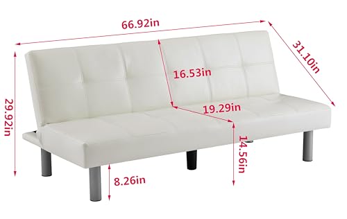 Eafurn Faux Leather Convertible Futon Sofa Adjustable Sleeper Couch Modern Home Recliner Reversible Loveseat Folding Daybed Guest Bed Small Sofabed with Metal Legs for Dorm, Apartment, Beige 66.92"