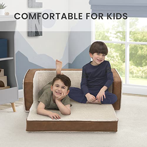 Delta Children Cozee Flip-Out Sherpa 2-in-1 Convertible Sofa to Lounger for Kids, Cream Sherpa/Faux Leather