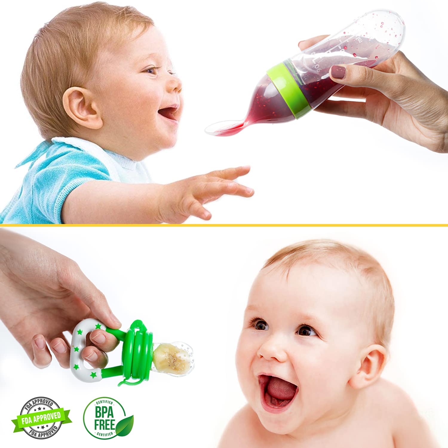 Baby Fruit Feeder Pacifier - 3 Pack | 2 Frozen Fruit Teething Pacifier & 1 Baby Food Spoon Feeder | Baby Silicone Feeder Pacifier | Teething Feeder, Baby Food Feeder Fruit Pacifier (Colorful)