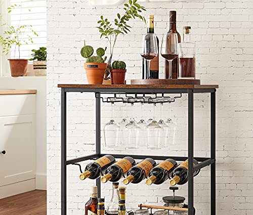 VASAGLE Bar Cart, Serving Cart with Wheels, Glass Stemware Rack and Wine Bottle Holders, 15.7 x 23.6 x 29.5 Inches, Industrial, Rustic Brown and Black ULRC087B01