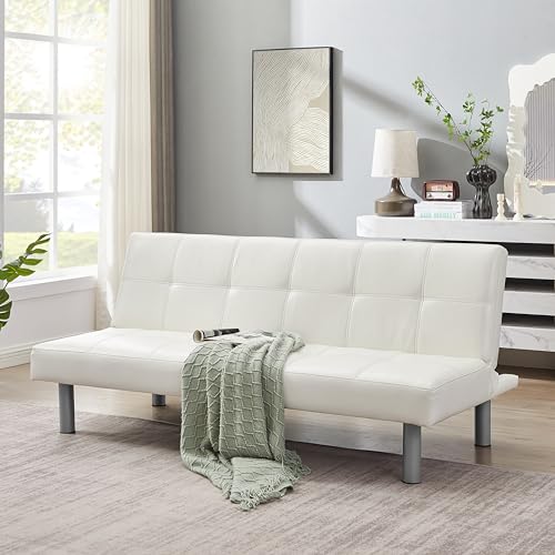 Eafurn Faux Leather Convertible Futon Sofa Adjustable Sleeper Couch Modern Home Recliner Reversible Loveseat Folding Daybed Guest Bed Small Sofabed with Metal Legs for Dorm, Apartment, Beige 66.92"