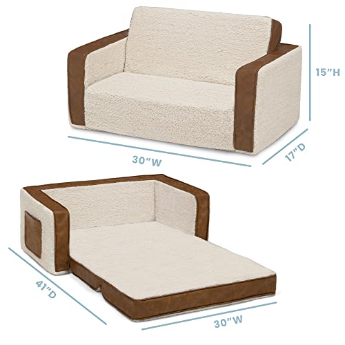 Delta Children Cozee Flip-Out Sherpa 2-in-1 Convertible Sofa to Lounger for Kids, Cream Sherpa/Faux Leather