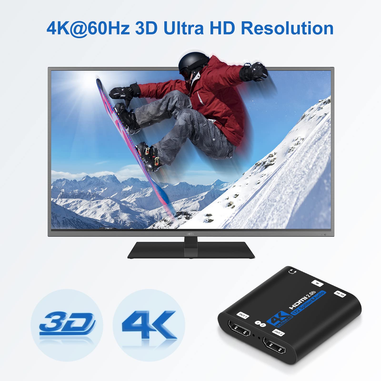 4K@60Hz HDMI Splitter 1x2, HDMI Splitter 1 in 2 Out for Dual Monitor, Supports Auto Scaling, HDCP 2.2, HDMI 2.0b, RGB 8:8:8, HDR 10, 3D for Xbox PS4/5 Fire Stick Cable Box(HDMI Cable NOT Include)