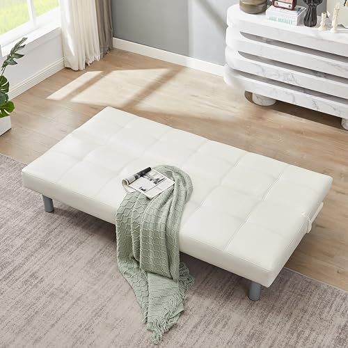 Eafurn Faux Leather Convertible Futon Sofa Adjustable Sleeper Couch Modern Home Recliner Reversible Loveseat Folding Daybed Guest Bed Small Sofabed with Metal Legs for Dorm, Apartment, Beige 66.92"