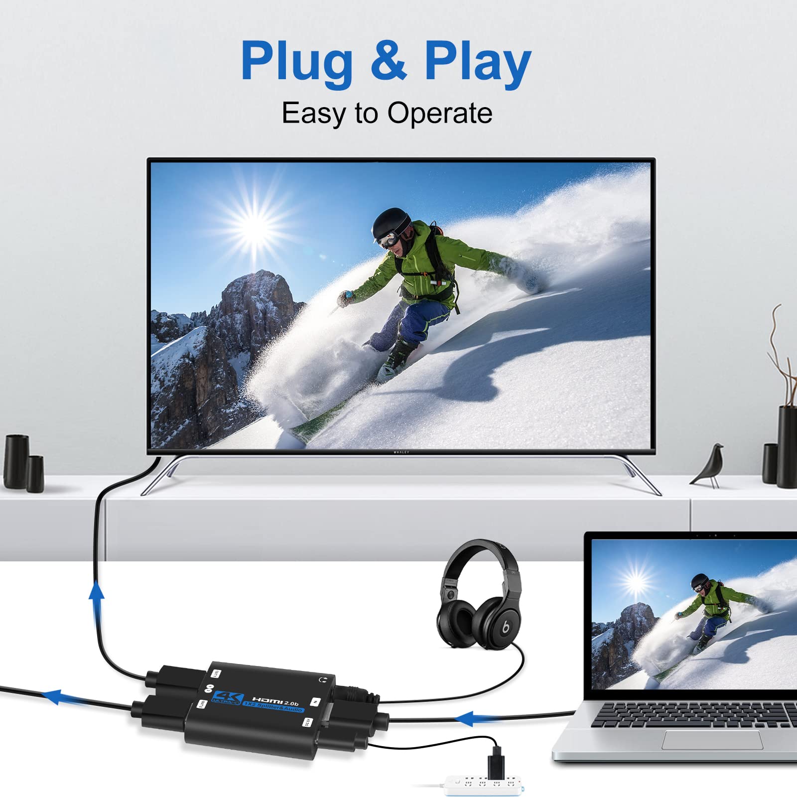 4K@60Hz HDMI Splitter 1x2, HDMI Splitter 1 in 2 Out for Dual Monitor, Supports Auto Scaling, HDCP 2.2, HDMI 2.0b, RGB 8:8:8, HDR 10, 3D for Xbox PS4/5 Fire Stick Cable Box(HDMI Cable NOT Include)
