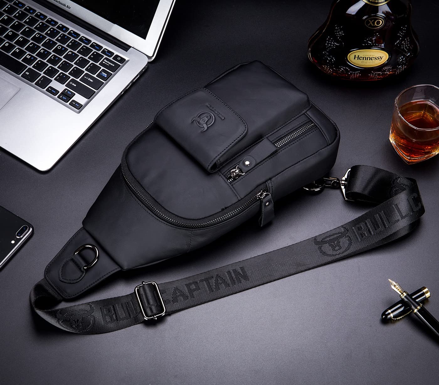 BULLCAPTAIN Men Genuine Leather Shoulder Sling Bag Daypack Casual Multi- pocket Crossbody Chest Bag Travel Hiking Backpacks (Black)