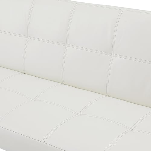 Eafurn Faux Leather Convertible Futon Sofa Adjustable Sleeper Couch Modern Home Recliner Reversible Loveseat Folding Daybed Guest Bed Small Sofabed with Metal Legs for Dorm, Apartment, Beige 66.92"