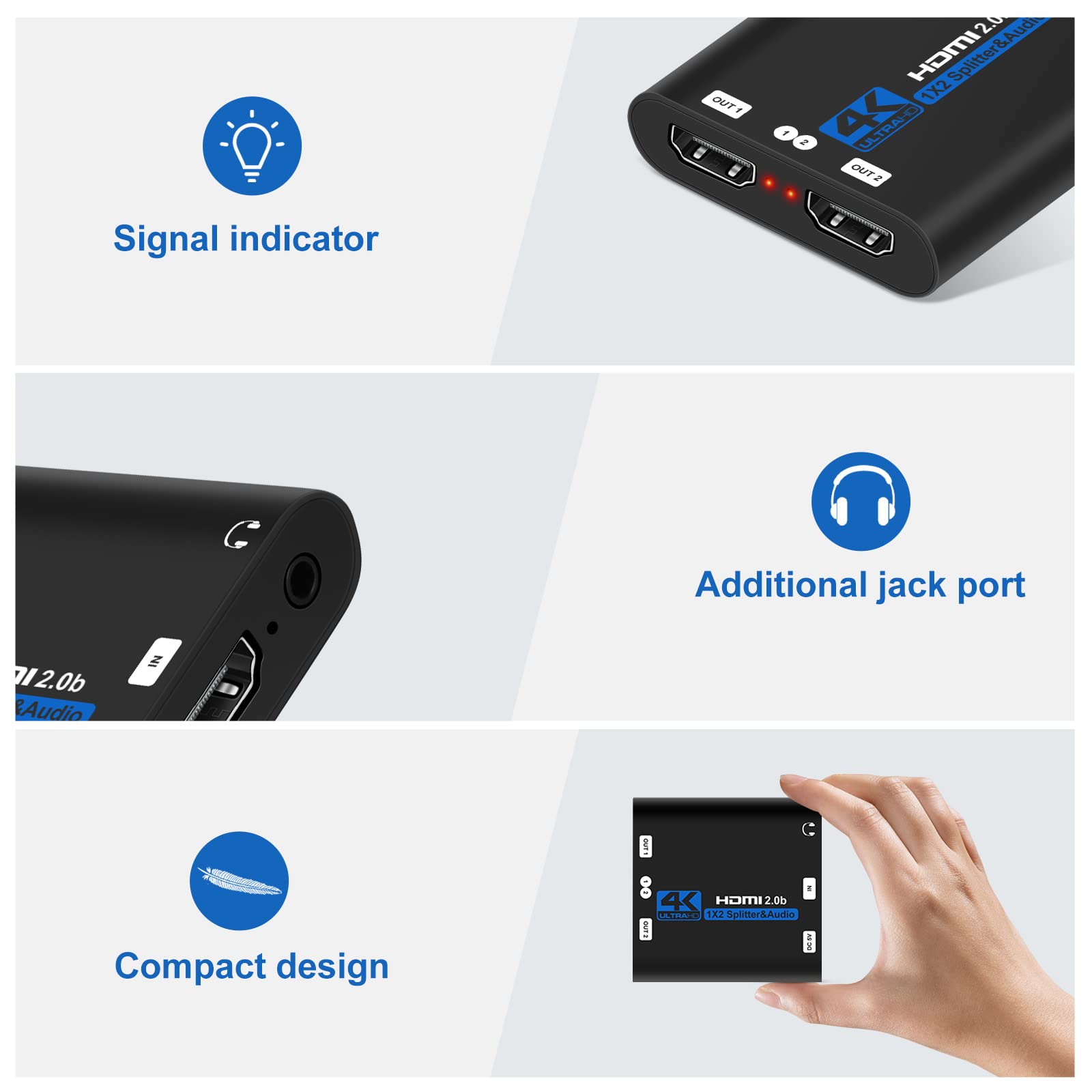 4K@60Hz HDMI Splitter 1x2, HDMI Splitter 1 in 2 Out for Dual Monitor, Supports Auto Scaling, HDCP 2.2, HDMI 2.0b, RGB 8:8:8, HDR 10, 3D for Xbox PS4/5 Fire Stick Cable Box(HDMI Cable NOT Include)