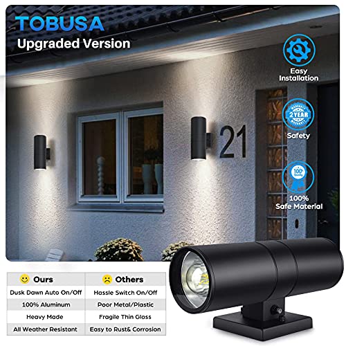 Modern Outdoor Wall Light with Dusk to Dawn Sensor, Exterior Light Fixture Wall Mount Waterproof Anti-Rust Cylinder, Up and Down 2 Lights Black Sconces for Porch Patio House Outside Entryway, 2-Pack
