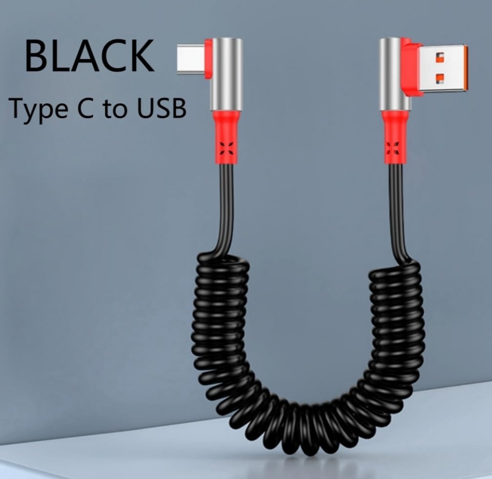Coiled USB C 90 Degree Cable Double Elbow Charging Cable for Tesl GM Toyota Freightliner Kenworth Pickup Truck Android Auto and Samsung Google ASUS Laptop Game Type C Device