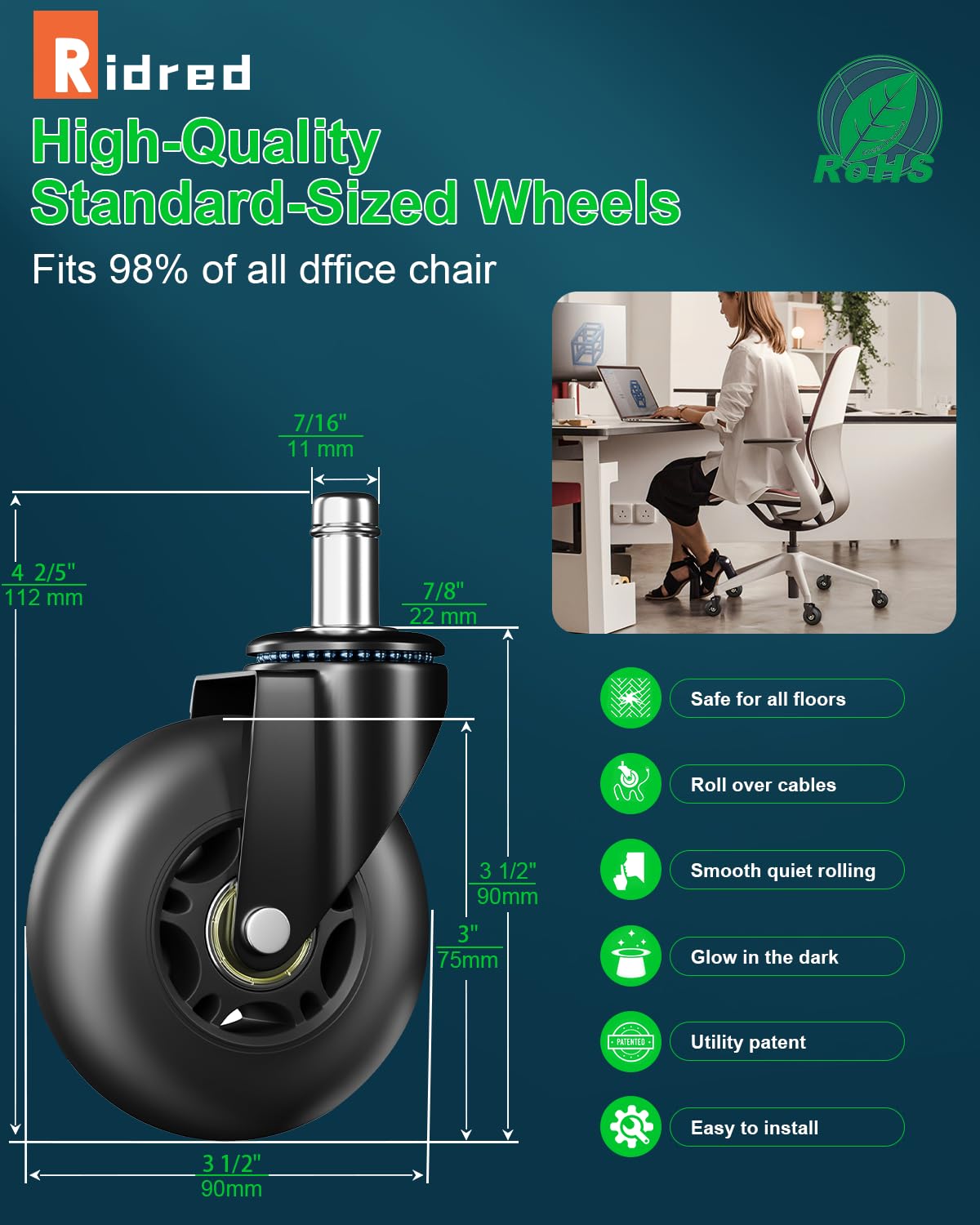 Rollerblade Office Chair Caster Wheels, Noise Free Chair Casters Set of 5 for Carpet, Hardwood Floor and Tile, Universal Fit for Most Chairs NOT Compatible for IKEA (Black)