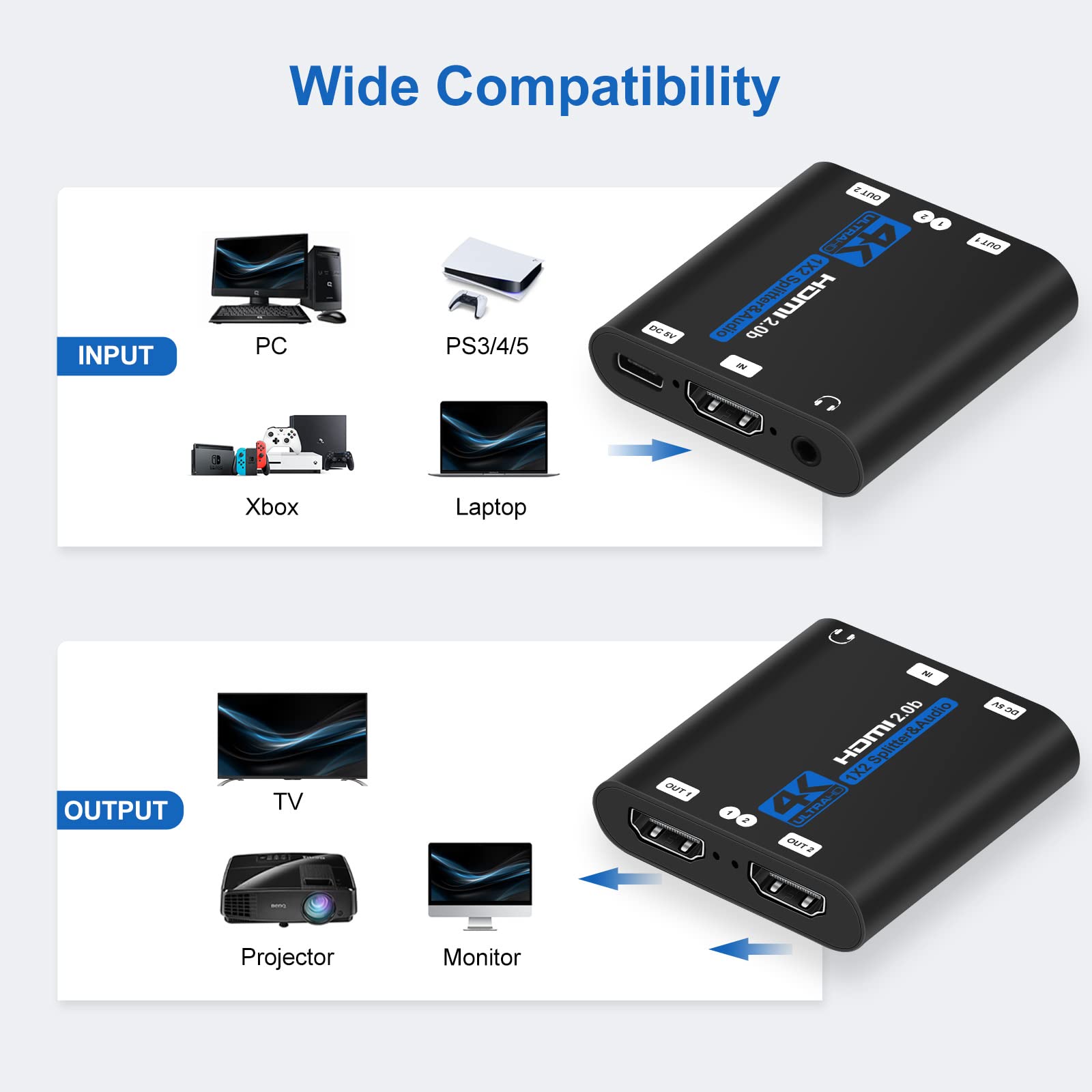 4K@60Hz HDMI Splitter 1x2, HDMI Splitter 1 in 2 Out for Dual Monitor, Supports Auto Scaling, HDCP 2.2, HDMI 2.0b, RGB 8:8:8, HDR 10, 3D for Xbox PS4/5 Fire Stick Cable Box(HDMI Cable NOT Include)