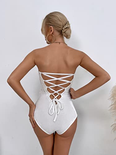 Clothink Women Strapless Velvet Bodysuit Back Lace Up Jumpsuit,Sexy Bodysuit Top Playboy Bunny Halloween Costume White M