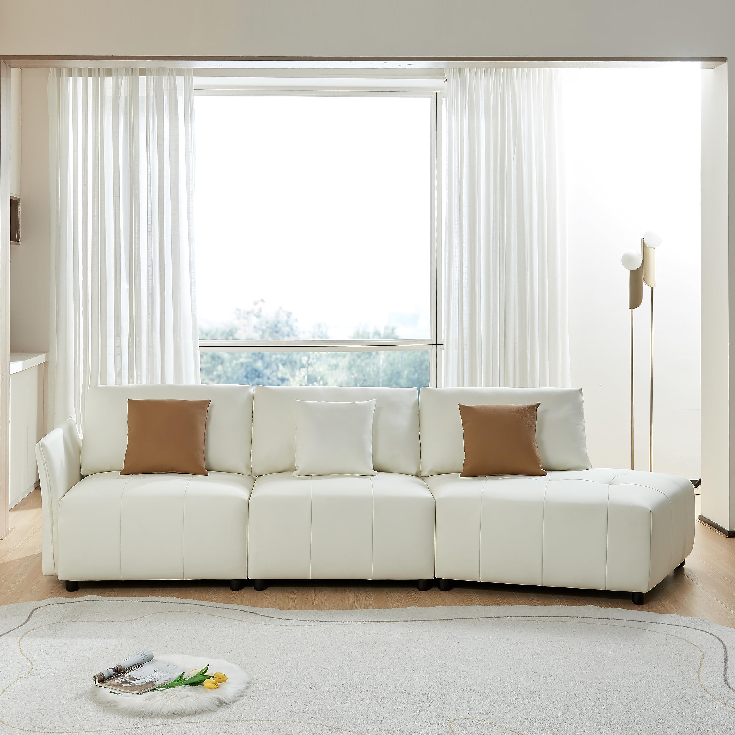 120'' Leather Sectional Couch for Living Room, Modern Modular Sectional Sofa, Ergonomic L Shaped Sofa 4 Seat Sofa, Curved Couch with Button Tufted Seat Cushion & 3 Pillows for Apartment, Office, Beige