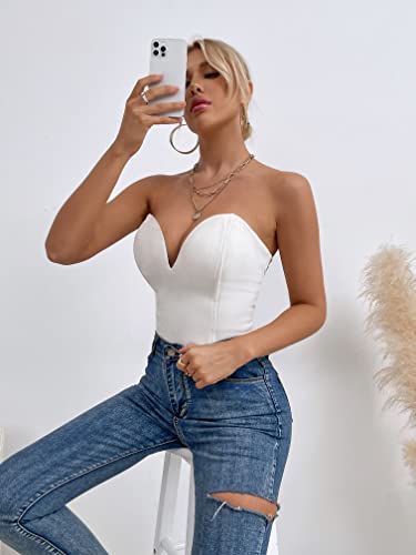 Clothink Women Strapless Velvet Bodysuit Back Lace Up Jumpsuit,Sexy Bodysuit Top Playboy Bunny Halloween Costume White M