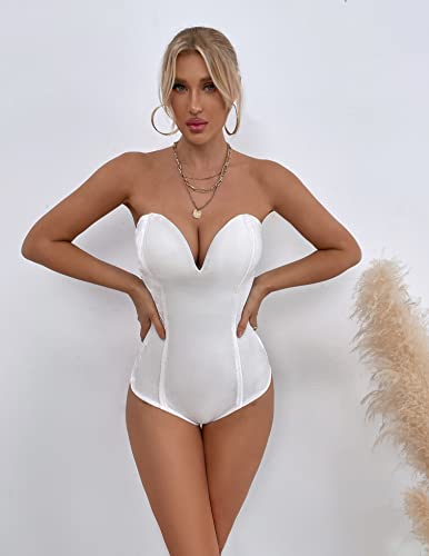 Clothink Women Strapless Velvet Bodysuit Back Lace Up Jumpsuit,Sexy Bodysuit Top Playboy Bunny Halloween Costume White M