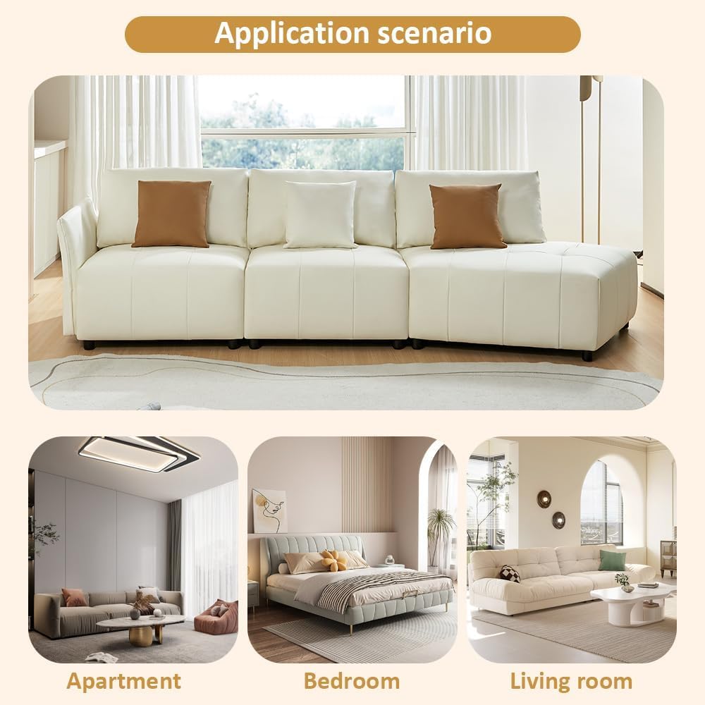 120'' Leather Sectional Couch for Living Room, Modern Modular Sectional Sofa, Ergonomic L Shaped Sofa 4 Seat Sofa, Curved Couch with Button Tufted Seat Cushion & 3 Pillows for Apartment, Office, Beige