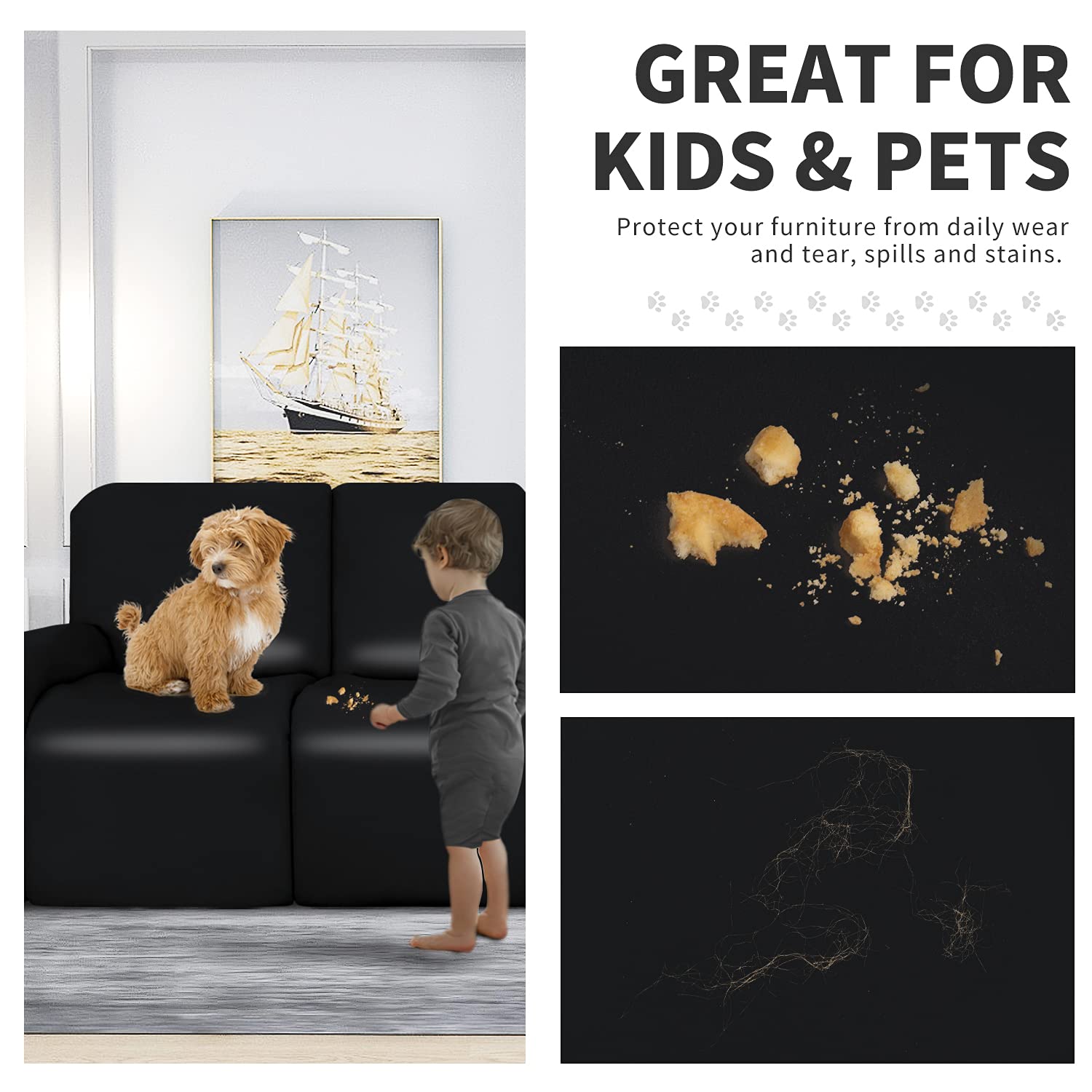 Easy-Going PU Leather Recliner Sofa Slipcovers, Waterproof Stretch Sofa Covers, 8 Pieces Stretch Furniture Protector, Elastic Strap Shield Pets Kids Children Cats Dogs Black