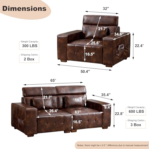 Oprisen 82”Modern Loveseat Sofa Couch for Livingroom Comfy PU Leather Loveseat Couch w/Adjust Headrest, Tufted Button Deep Seat Futon Set w/Wide Arm/Pillows for Apartment (PU-Brown)