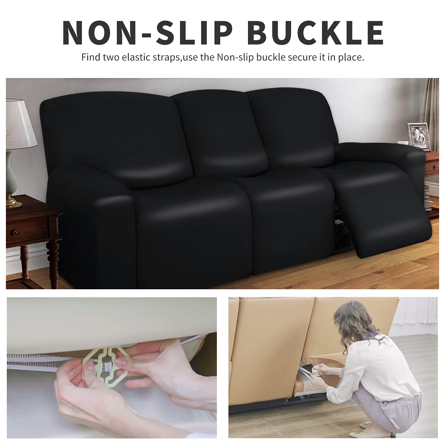 Easy-Going PU Leather Recliner Sofa Slipcovers, Waterproof Stretch Sofa Covers, 8 Pieces Stretch Furniture Protector, Elastic Strap Shield Pets Kids Children Cats Dogs Black