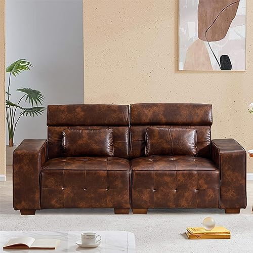 Oprisen 82”Modern Loveseat Sofa Couch for Livingroom Comfy PU Leather Loveseat Couch w/Adjust Headrest, Tufted Button Deep Seat Futon Set w/Wide Arm/Pillows for Apartment (PU-Brown)