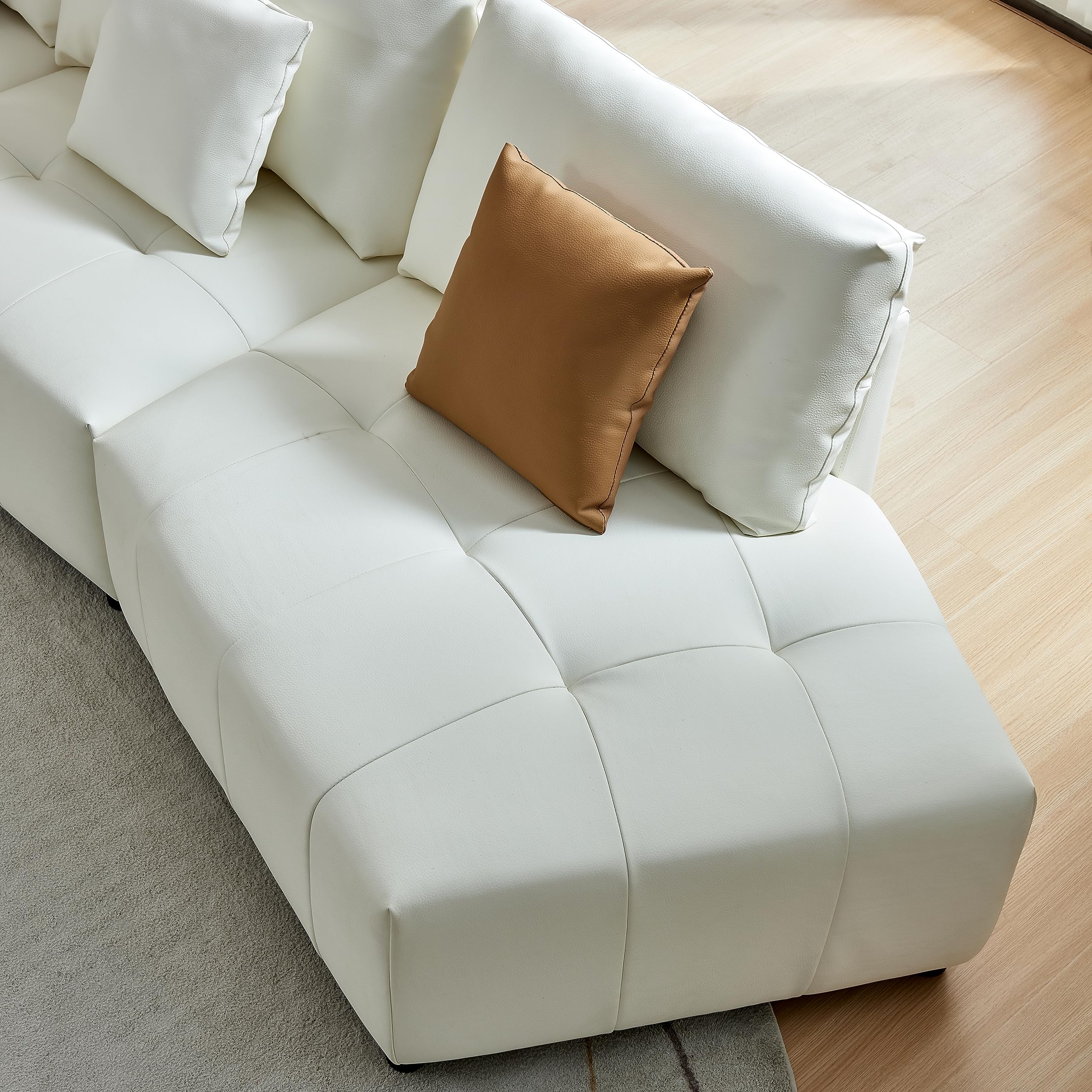 120'' Leather Sectional Couch for Living Room, Modern Modular Sectional Sofa, Ergonomic L Shaped Sofa 4 Seat Sofa, Curved Couch with Button Tufted Seat Cushion & 3 Pillows for Apartment, Office, Beige