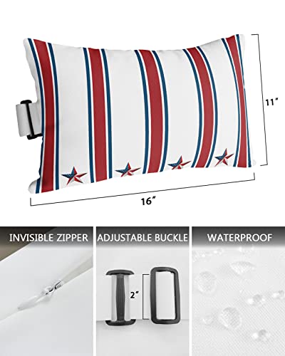 Recliner Head Pillow Ledge Loungers Chair Pillows with Insert 4th of July Star Stripes White Lumbar Pillow with Adjustable Strap Outdoor Waterproof Patio Pillows for Beach Pool Chair, 2 PCS