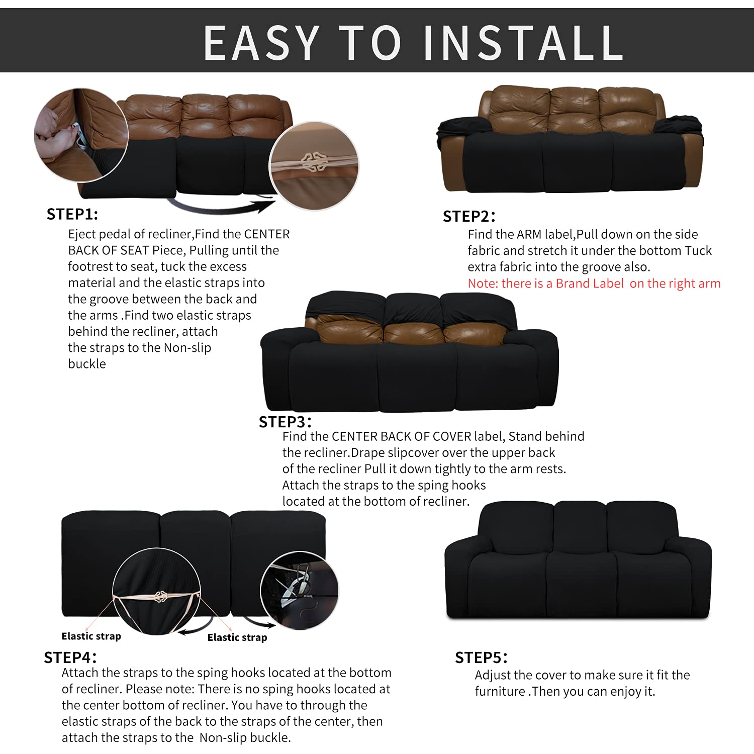 Easy-Going PU Leather Recliner Sofa Slipcovers, Waterproof Stretch Sofa Covers, 8 Pieces Stretch Furniture Protector, Elastic Strap Shield Pets Kids Children Cats Dogs Black