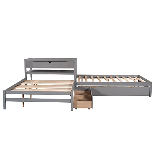 MOEO L-Shaped Full Size Platform Bed with Trundle and Drawers Linked w/ Built-in Desk for Kids, Bedroom, Teens, Adults, No Box Spring Needed, 3 Wood Bedframe in 1, Gray