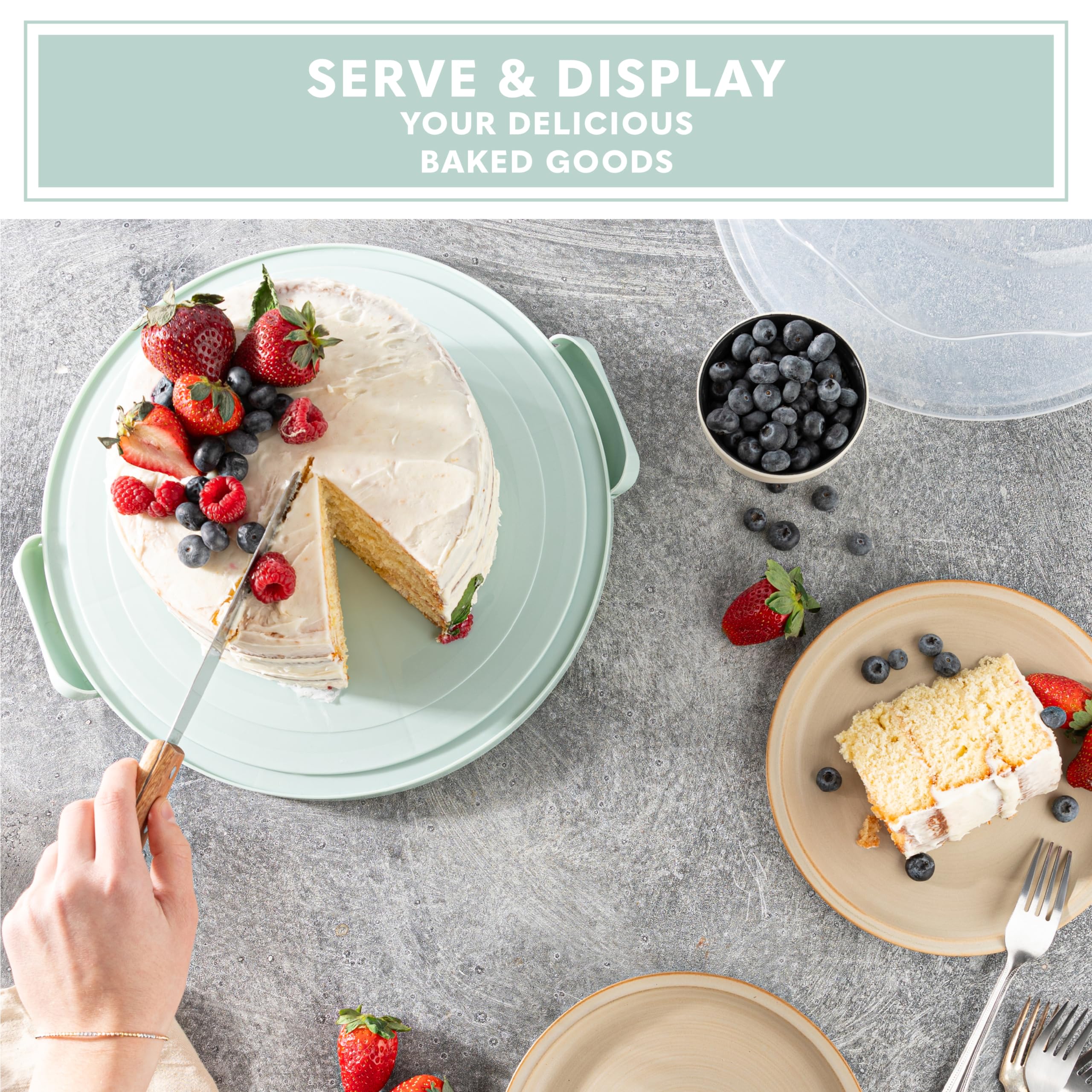 MosJos Round Cake Carrier, BPA-Free Plastic Cake Keeper with Lid, Fits 10” Cakes, Two Secure Side Closures, Dishwasher Safe Cake Transport Container