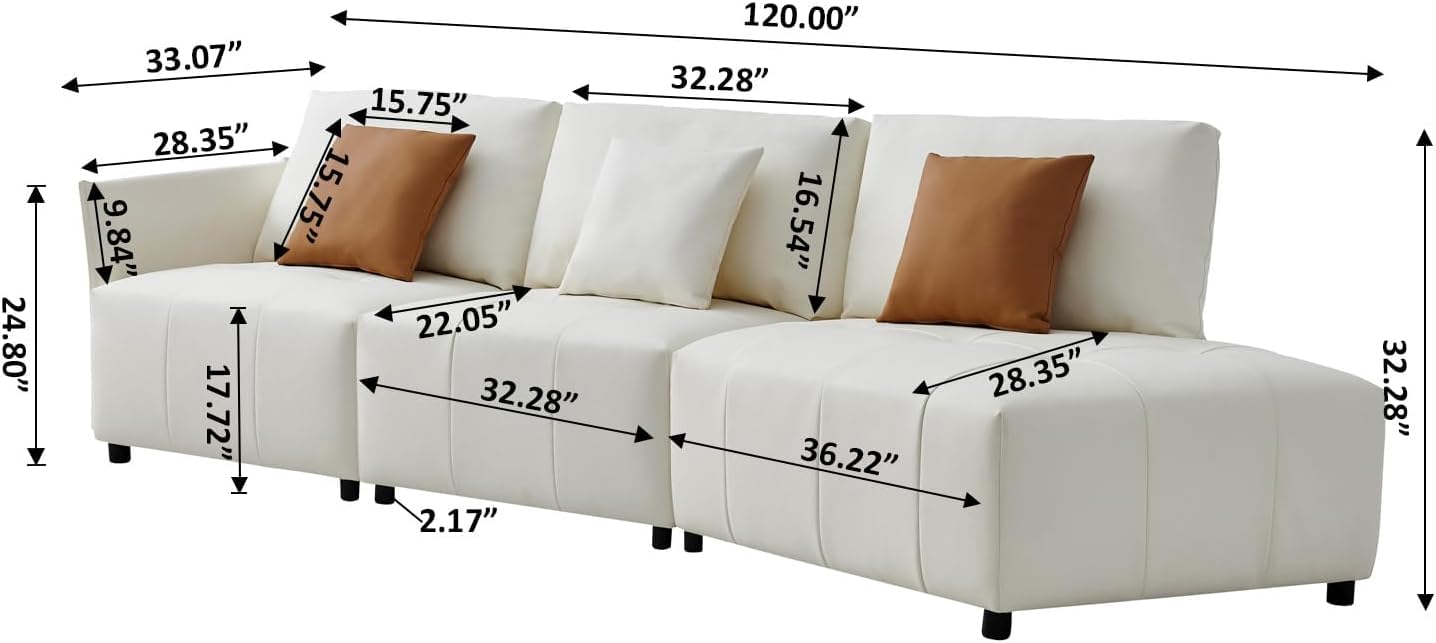 120'' Leather Sectional Couch for Living Room, Modern Modular Sectional Sofa, Ergonomic L Shaped Sofa 4 Seat Sofa, Curved Couch with Button Tufted Seat Cushion & 3 Pillows for Apartment, Office, Beige