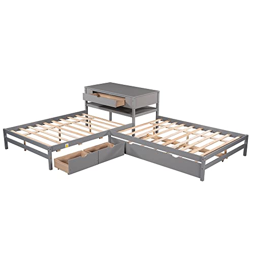 MOEO L-Shaped Full Size Platform Bed with Trundle and Drawers Linked w/ Built-in Desk for Kids, Bedroom, Teens, Adults, No Box Spring Needed, 3 Wood Bedframe in 1, Gray