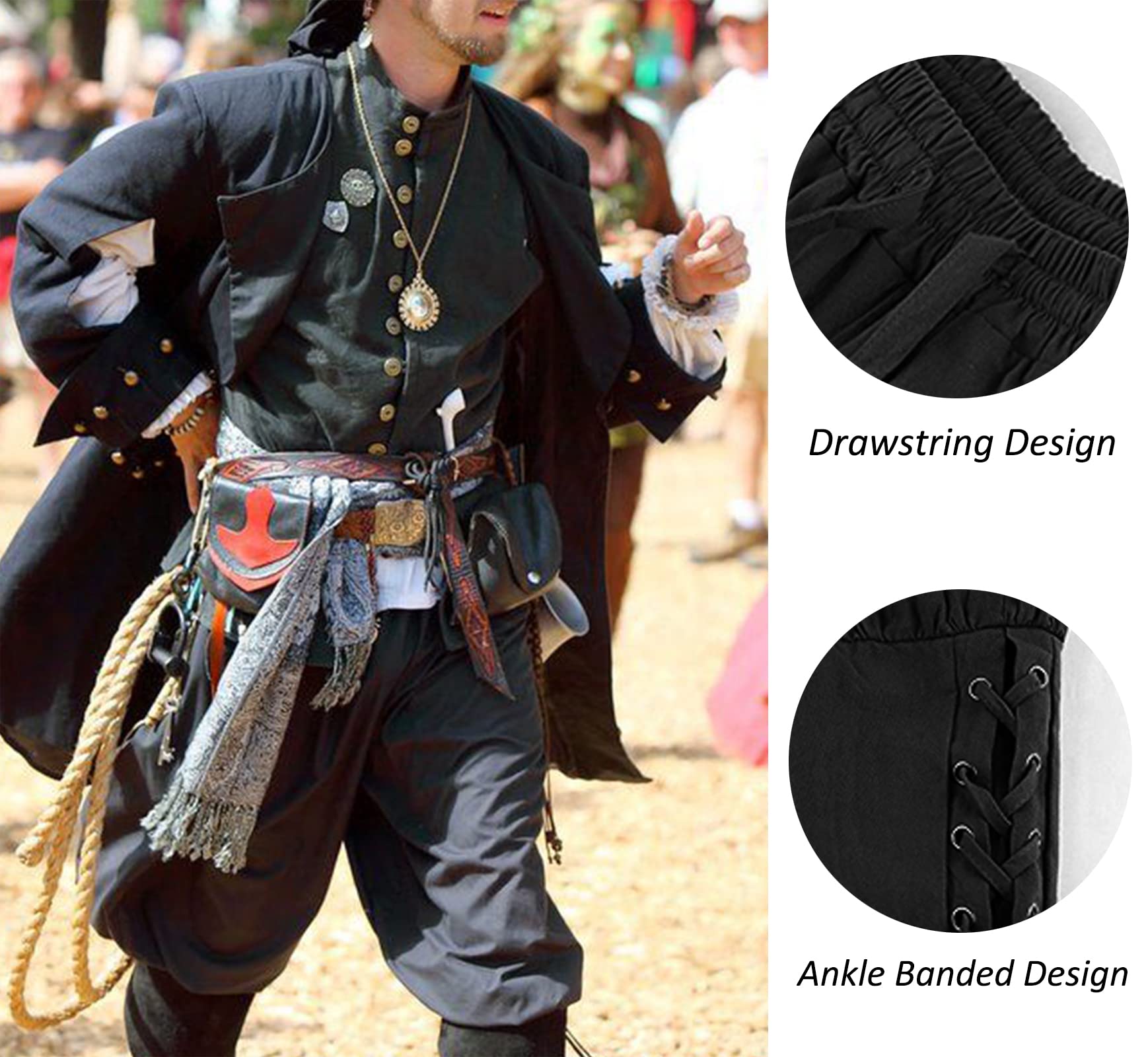 Men's Ankle Banded Pants Medieval Viking Navigator Pirate Costume Trousers Renaissance Gothic Pants, Black, Medium
