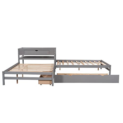 MOEO L-Shaped Full Size Platform Bed with Trundle and Drawers Linked w/ Built-in Desk for Kids, Bedroom, Teens, Adults, No Box Spring Needed, 3 Wood Bedframe in 1, Gray