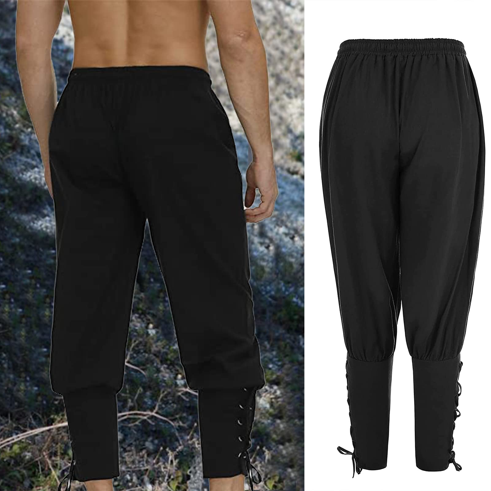 Men's Ankle Banded Pants Medieval Viking Navigator Pirate Costume Trousers Renaissance Gothic Pants, Black, Medium