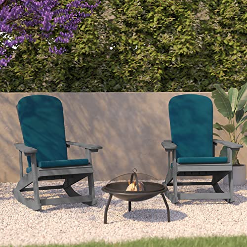 Flash Furniture Savannah Rocking Adirondack Chairs Poly Resin Frame All-Weather Cushions-Indoor/Outdoor Use, Set of 2, Gray/Teal