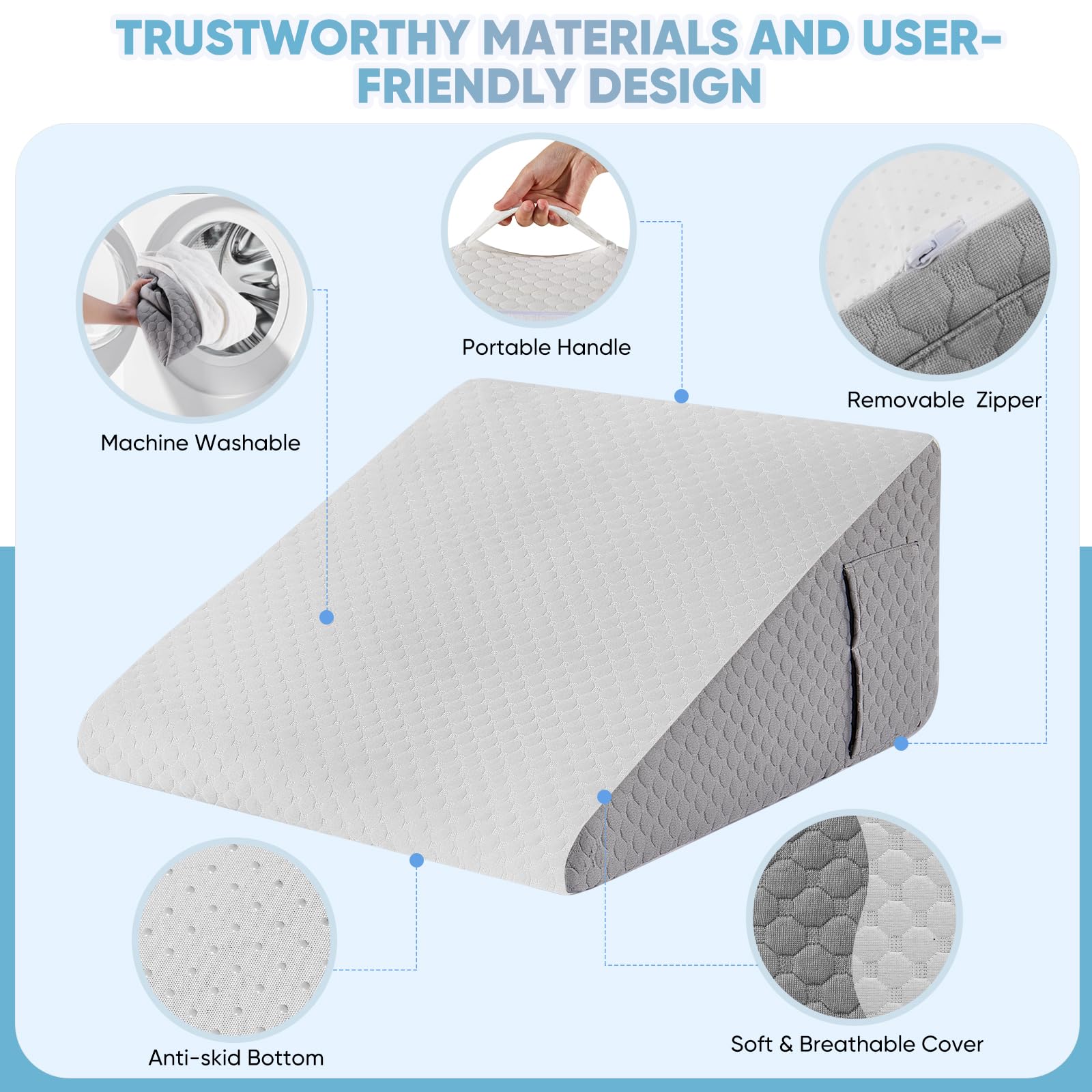 Forias Wedge Pillow for Sleeping 7.5" Bed Wedge Pillow for After Surgery Triangle Pillow Wedge for Acid Reflux Gerd Snoring Back Pain, Air Layer Sleeping Wedge Cover | Memory Foam Top