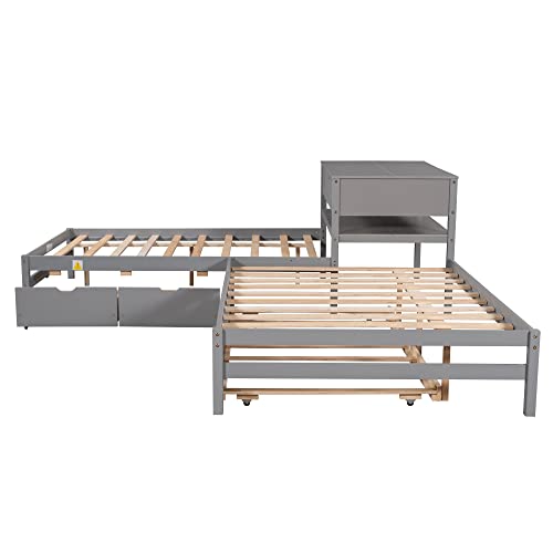 MOEO L-Shaped Full Size Platform Bed with Trundle and Drawers Linked w/ Built-in Desk for Kids, Bedroom, Teens, Adults, No Box Spring Needed, 3 Wood Bedframe in 1, Gray