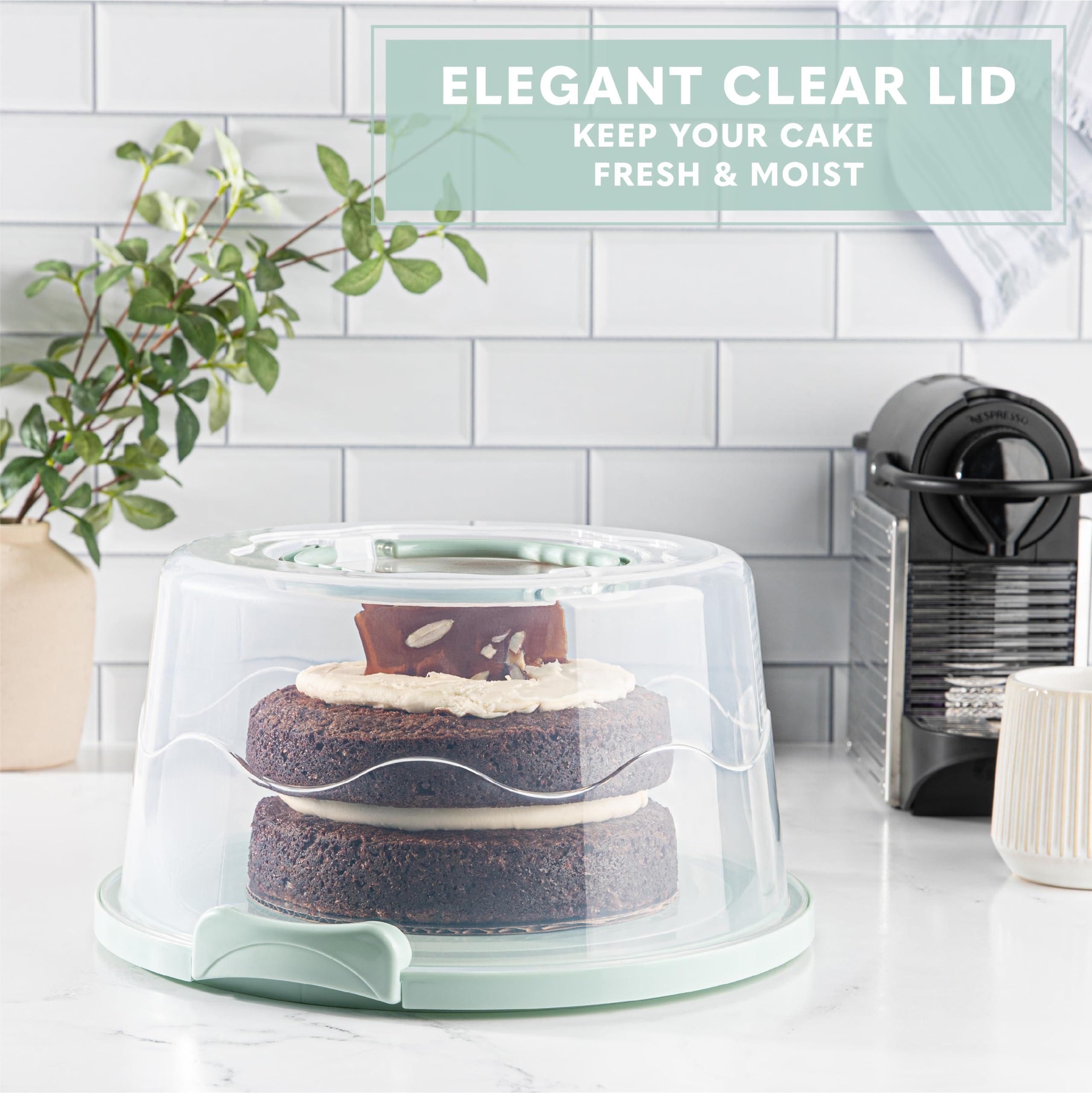 MosJos Round Cake Carrier, BPA-Free Plastic Cake Keeper with Lid, Fits 10” Cakes, Two Secure Side Closures, Dishwasher Safe Cake Transport Container
