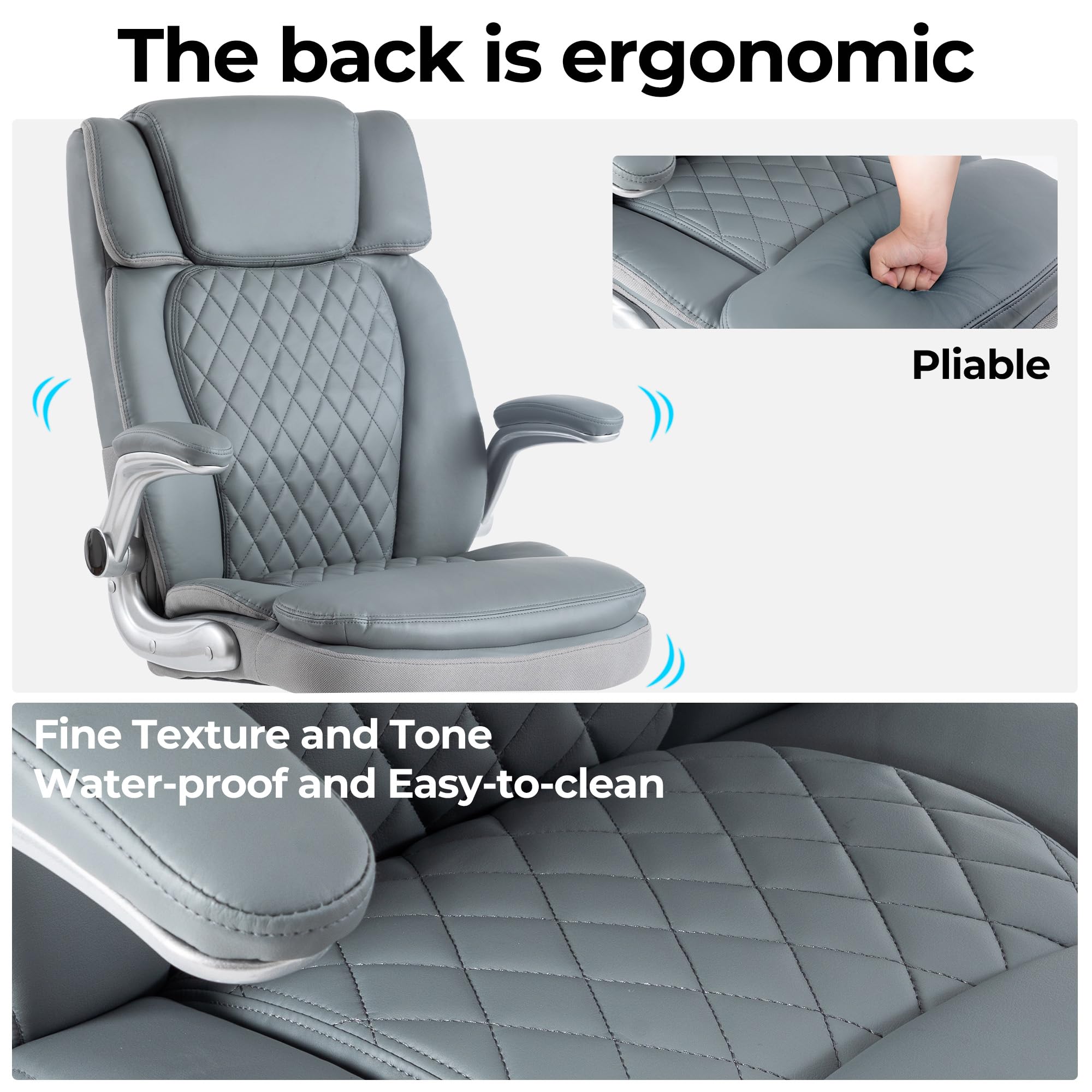 HOMYEDAMIC High Back Office Chair with Adjustable Arms, PU Leather Computer Executive Chairs Big Tall Swivel Ergonomic Adjustable Tilt Angle, Thick Seat 7012-Grey