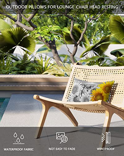 Recliner Head Pillow Ledge Loungers Chair Pillows with Insert 2 Yellow Sunflowers Black and White Background Lumbar Pillow with Adjustable Strap Outdoor Waterproof Patio Pillows for Beach Pool, 2 PCS