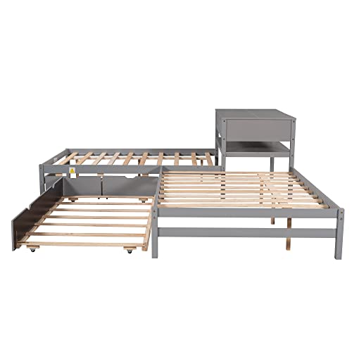 MOEO L-Shaped Full Size Platform Bed with Trundle and Drawers Linked w/ Built-in Desk for Kids, Bedroom, Teens, Adults, No Box Spring Needed, 3 Wood Bedframe in 1, Gray