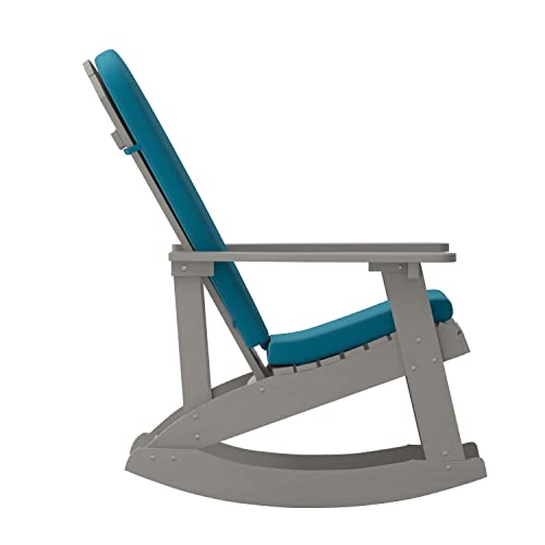 Flash Furniture Savannah Rocking Adirondack Chairs Poly Resin Frame All-Weather Cushions-Indoor/Outdoor Use, Set of 2, Gray/Teal
