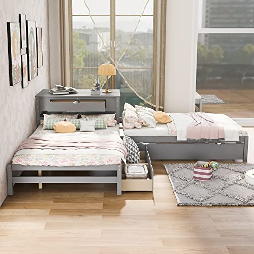 MOEO L-Shaped Full Size Platform Bed with Trundle and Drawers Linked w/ Built-in Desk for Kids, Bedroom, Teens, Adults, No Box Spring Needed, 3 Wood Bedframe in 1, Gray