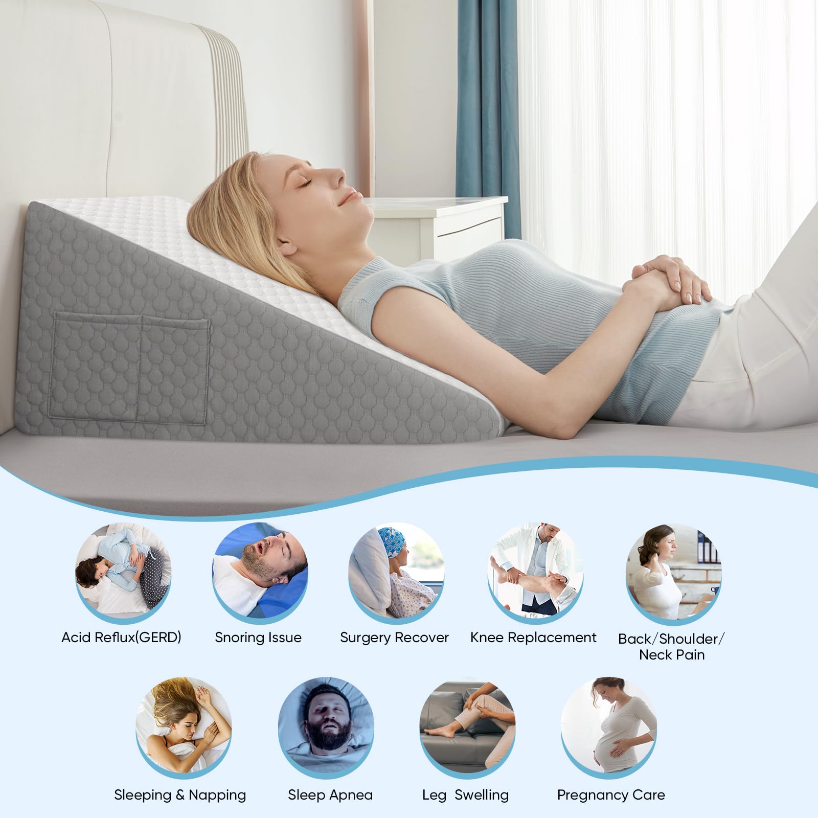 Forias Wedge Pillow for Sleeping 7.5" Bed Wedge Pillow for After Surgery Triangle Pillow Wedge for Acid Reflux Gerd Snoring Back Pain, Air Layer Sleeping Wedge Cover | Memory Foam Top
