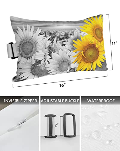 Recliner Head Pillow Ledge Loungers Chair Pillows with Insert 2 Yellow Sunflowers Black and White Background Lumbar Pillow with Adjustable Strap Outdoor Waterproof Patio Pillows for Beach Pool, 2 PCS